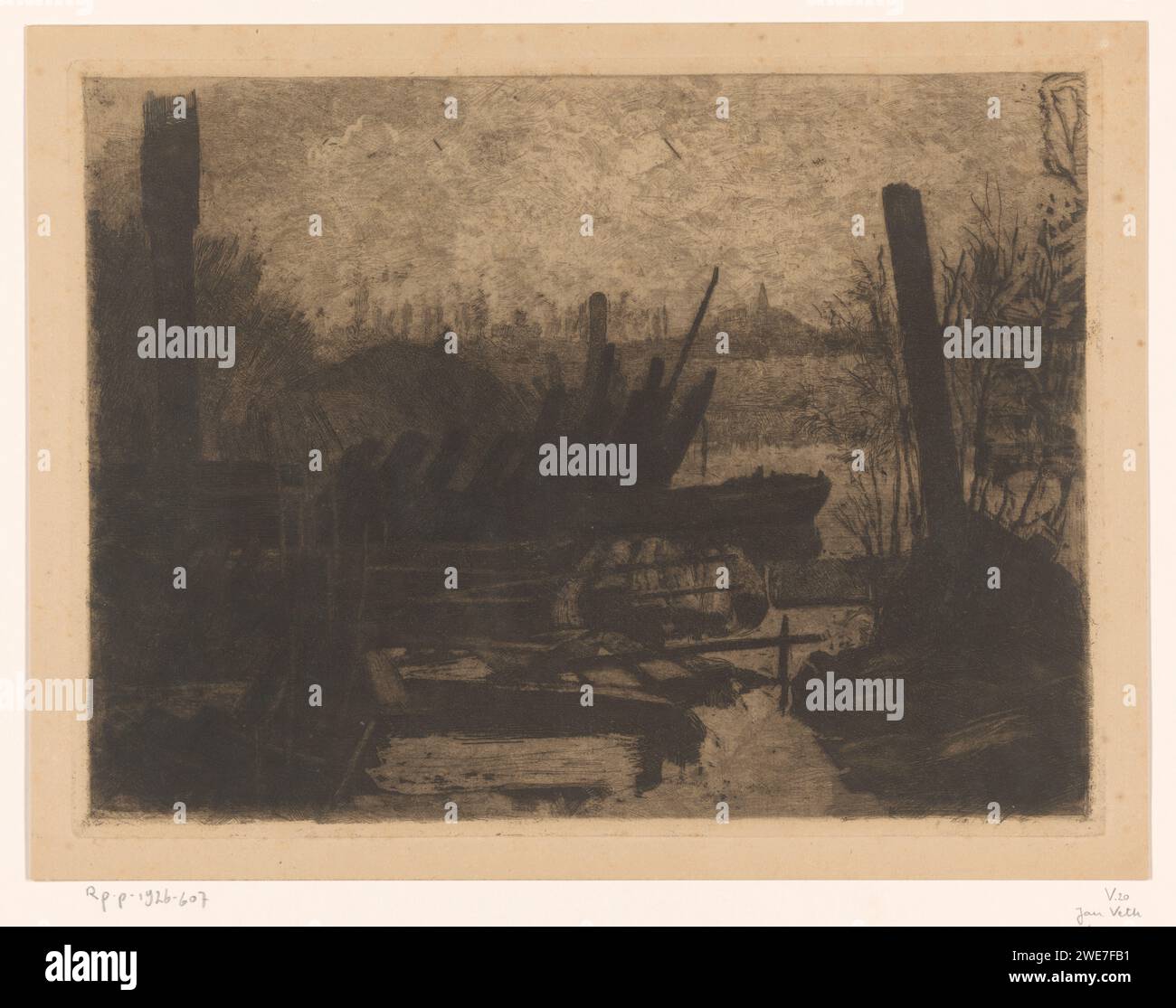 Wrecks in a polder landscape, Jan Veth, 1886 print paper etching wreck ...