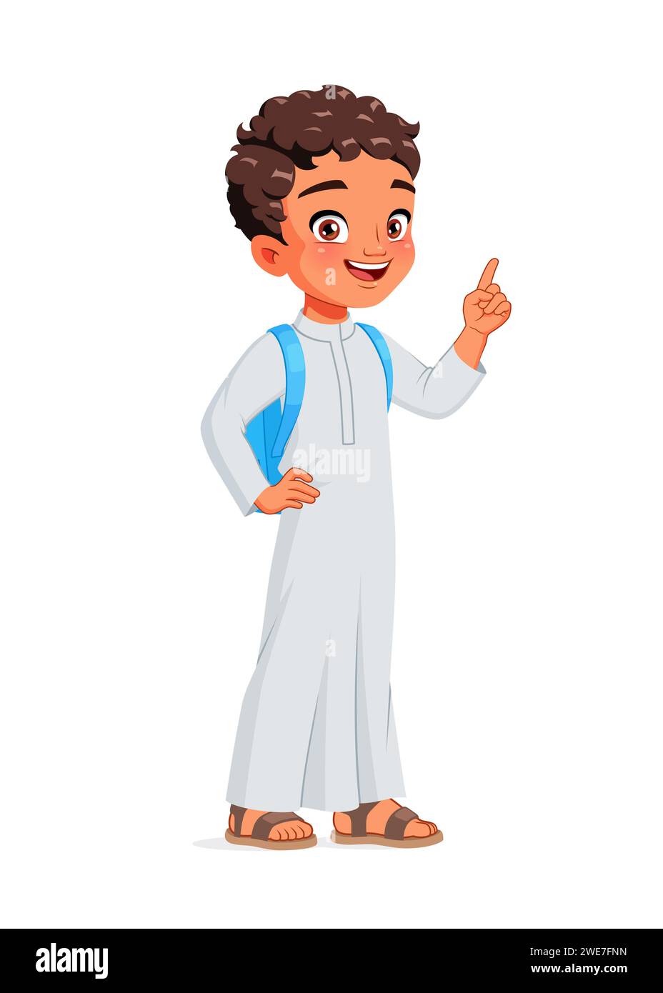 Cute Arab school boy index finger pointing up with idea. Cartoon vector ...