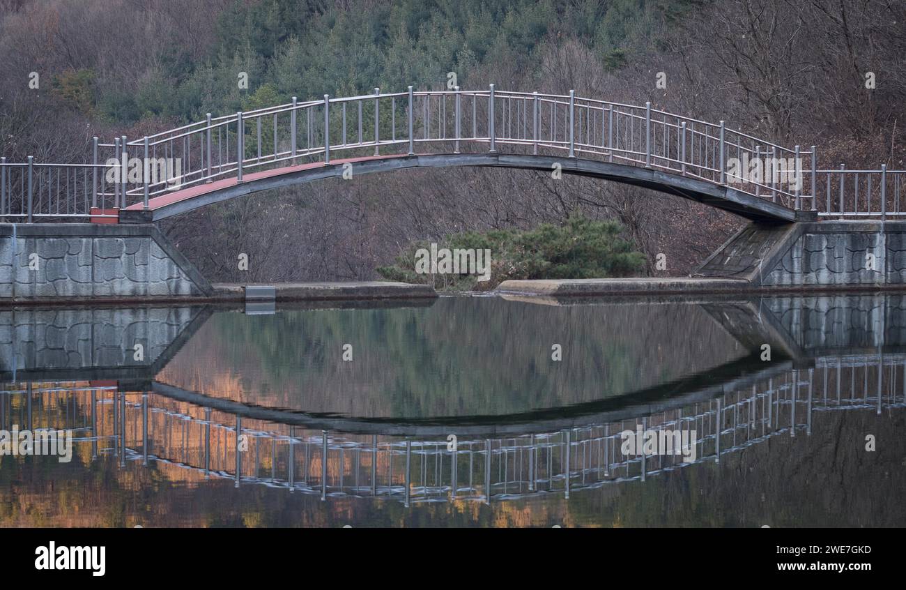 Foot bridge over a small pond with reflection in the water with trees ...