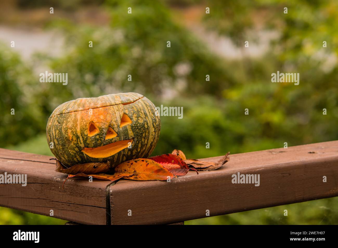 Jack-O-Lantern and fall leaves on wooden railing with blurred out ...