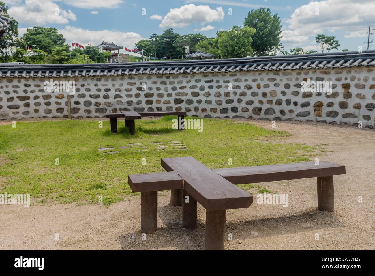 Punishment boards at old time stockade in Hongjueupseong walled town in ...