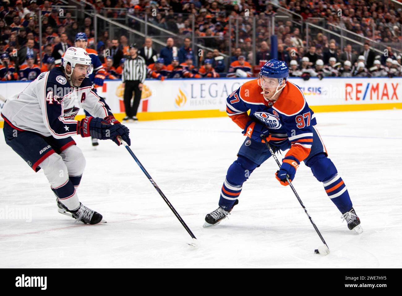 Columbus Blue Jackets' Erik Gudbranson (44) chases Edmonton Oilers ...