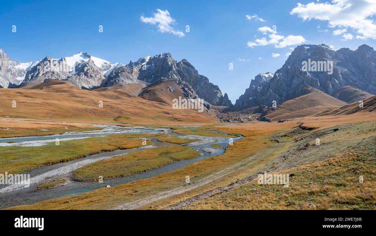 Mountain landscape with yellow meadows and river Kol Suu, mountain peak ...