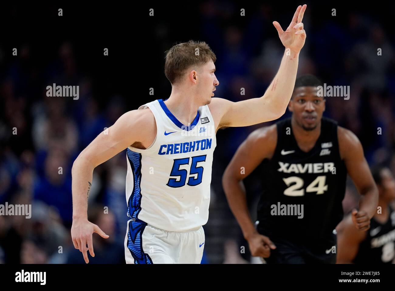 Creighton guard Baylor Scheierman (55) celebrates in front of Xavier ...