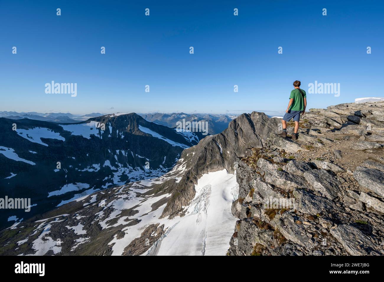 Mountain panorama, glacier remains of Skalabreen, mountaineer at the ...