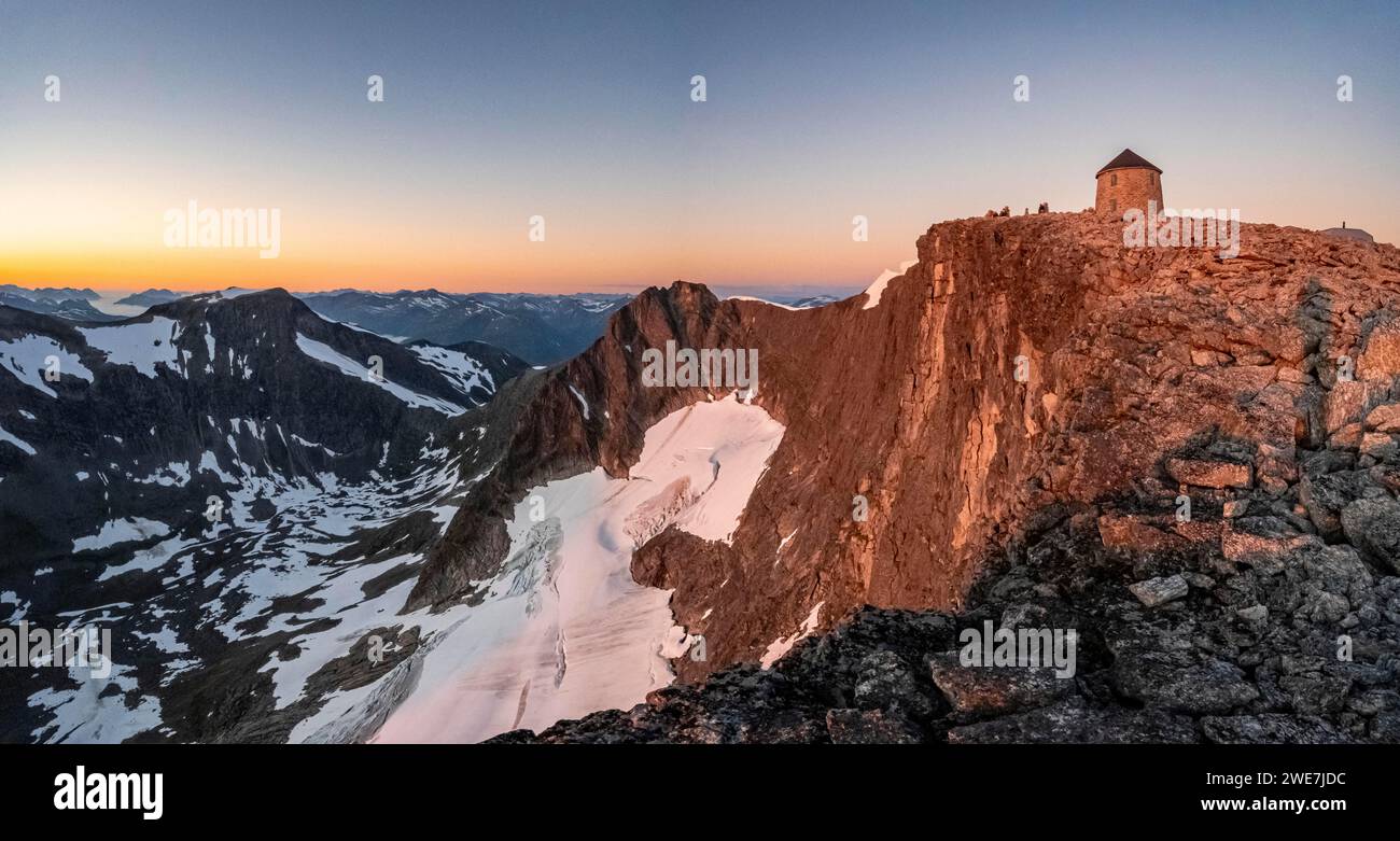 Summit of Skala with DNT's Skalatarnet mountain hut, at sunset, Loen ...