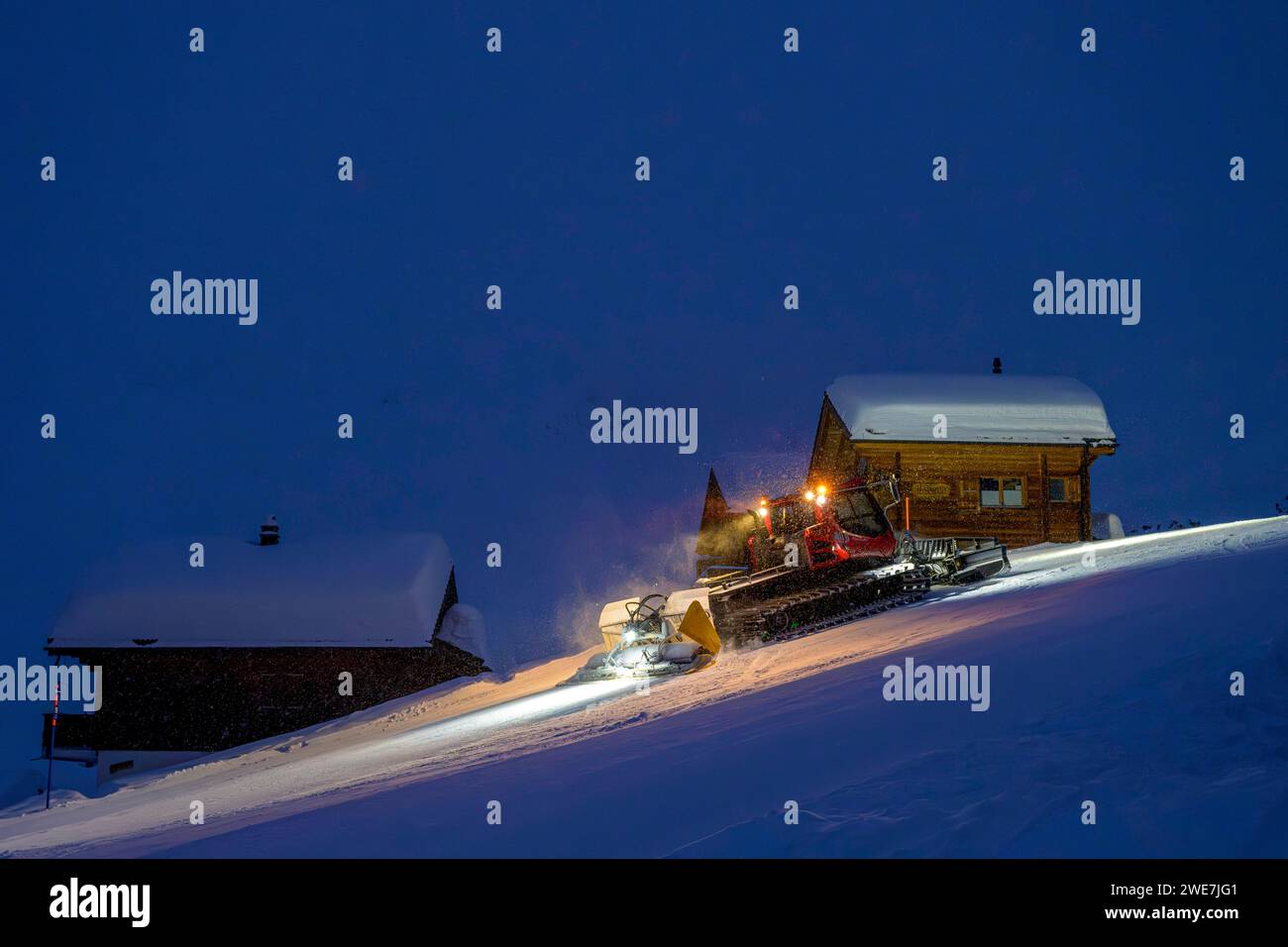 Pistenbully at night, snow groomer, Belalp, Naters, Brig, Canton Valais ...