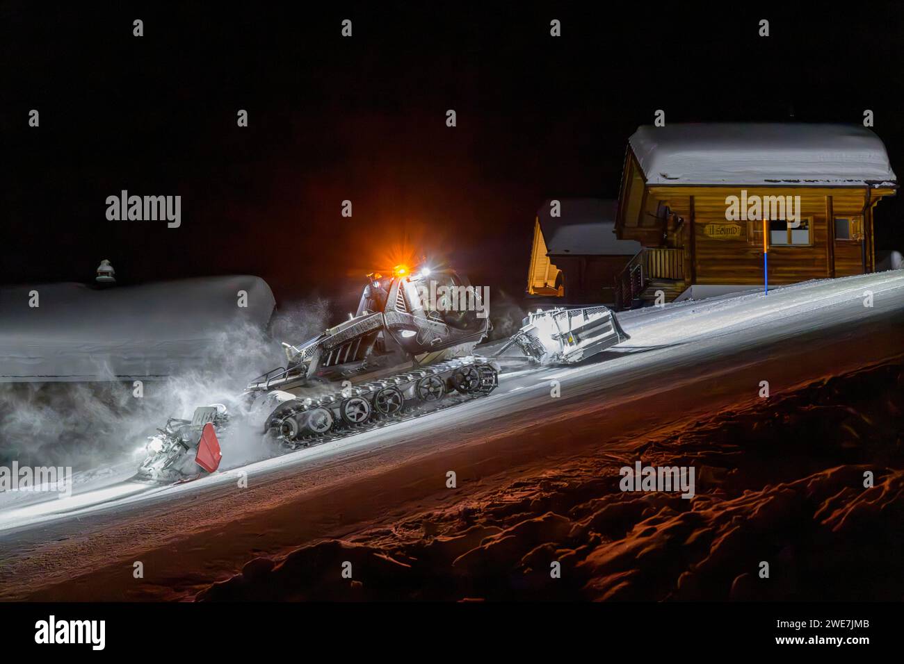 Pistenbully at night, snow groomer, Belalp, Naters, Brig, Canton Valais ...