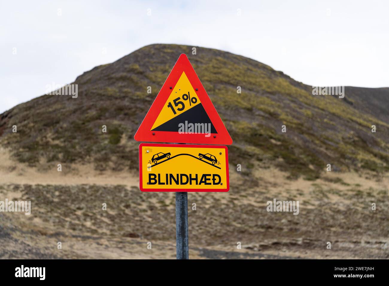 Warning sign, dangerous hilltop, Iceland Stock Photo - Alamy