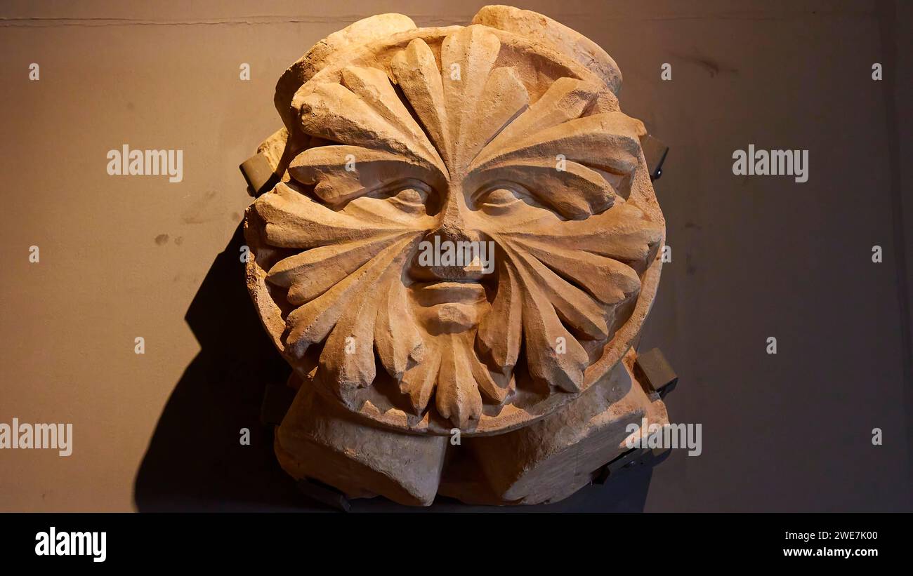 Detailed stone sculpture of a human face, Museum, Chlemoutsi, High ...