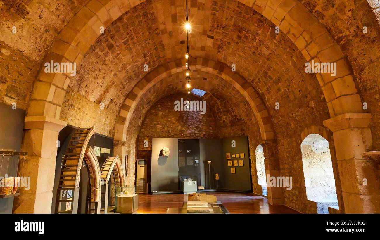 An exhibition room with vaulted ceiling in a historic stone ...