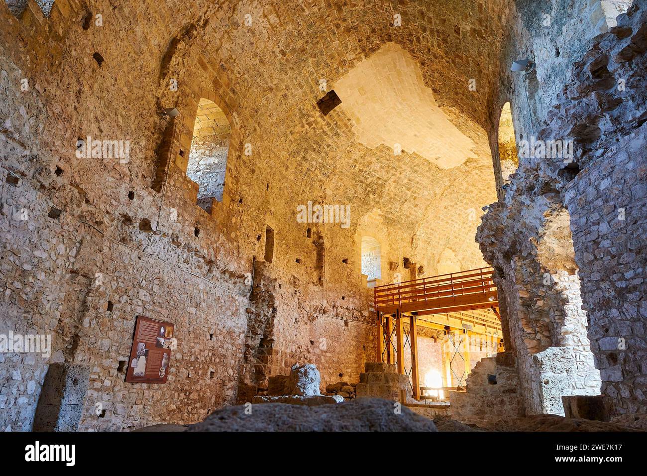 View of the interior of an old castle with vaulted ceilings and visible ...