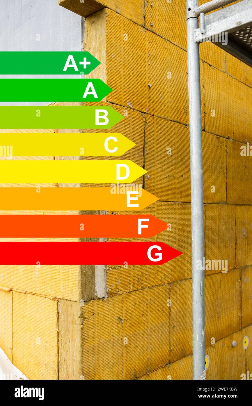 Insulation of a facade with mineral fibre boards, graphic with energy ...