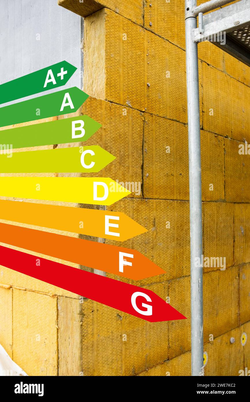 Insulation of a facade with mineral fibre boards, graphic with energy ...