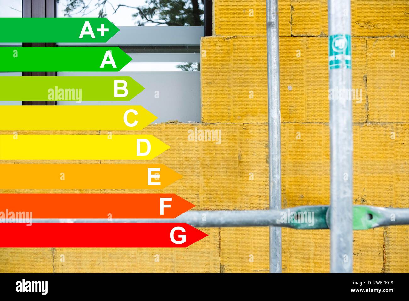 Insulation of a facade with mineral fibre boards, graphic with energy ...