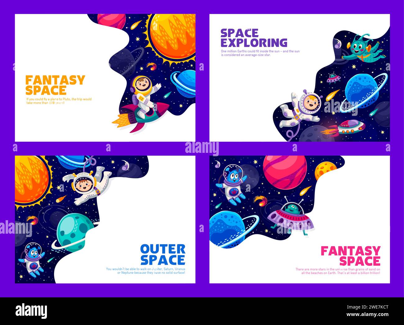 Cartoon space posters. Kids astronauts and aliens characters flying on ...