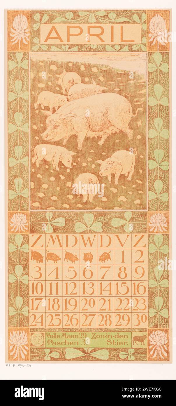 Calendar magazine April with pigs, Theo van Hoytema, 1903 print A pig ...