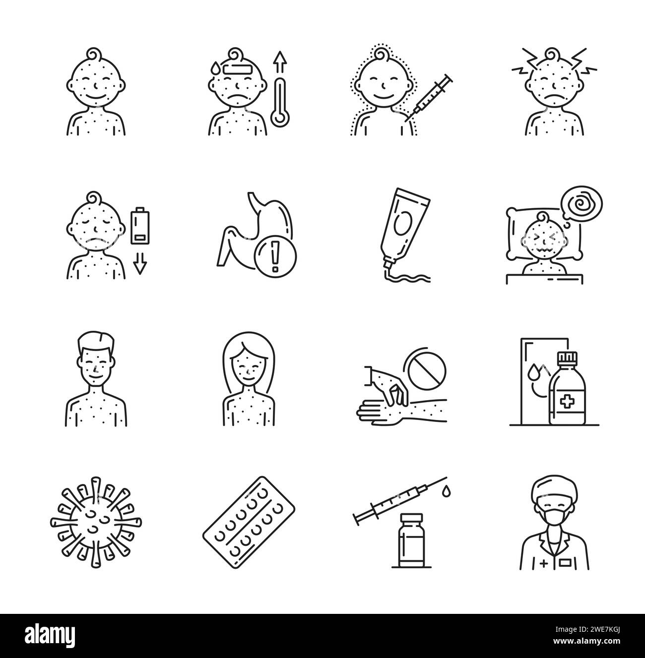 Chicken Pox Icons Virus Disease Health Infection Symptoms And Medicine Vector Line Symbols