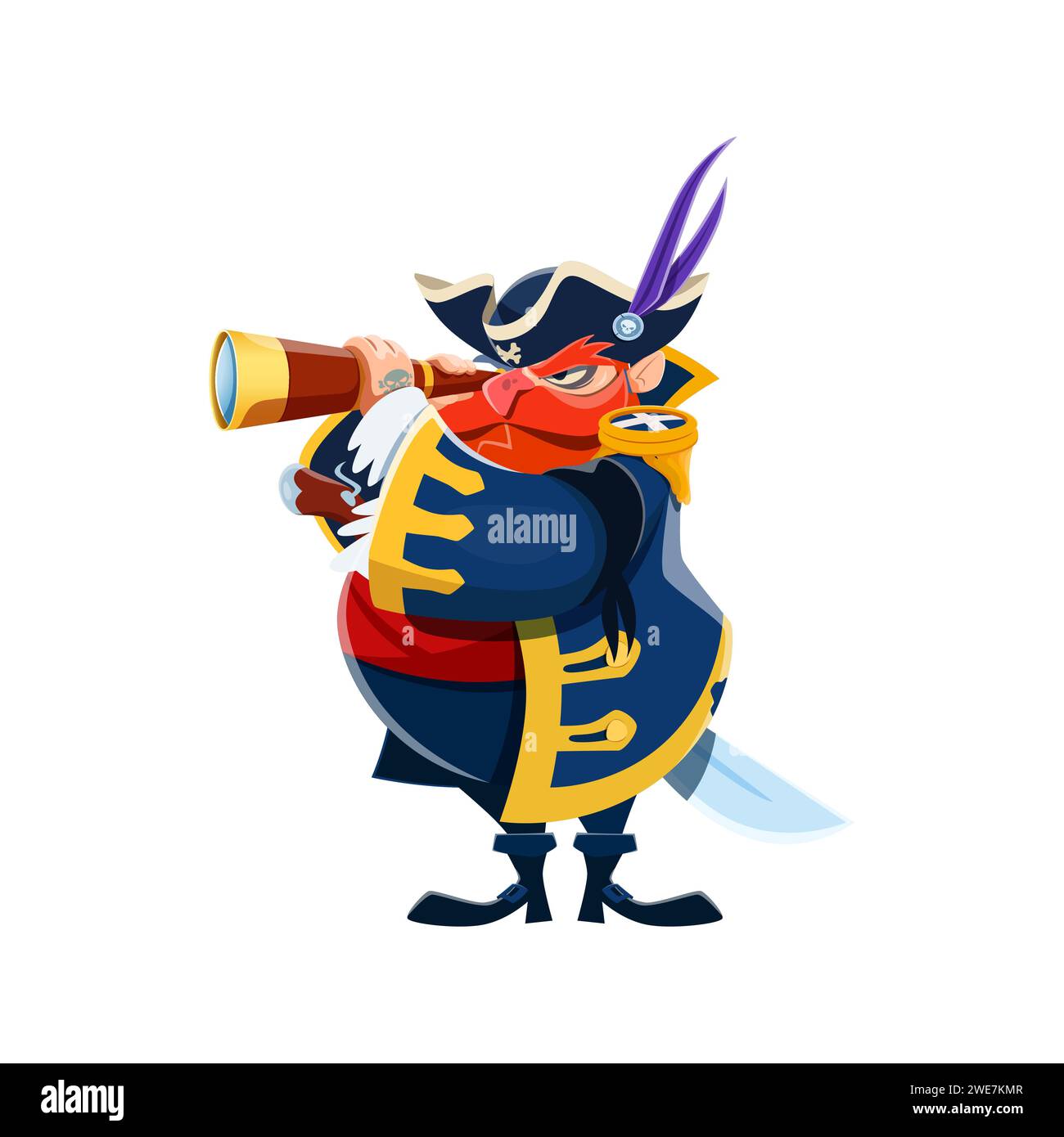 Cartoon pirate, captain and sailor character adorned with a tricorn hat, grips a spyglass ...