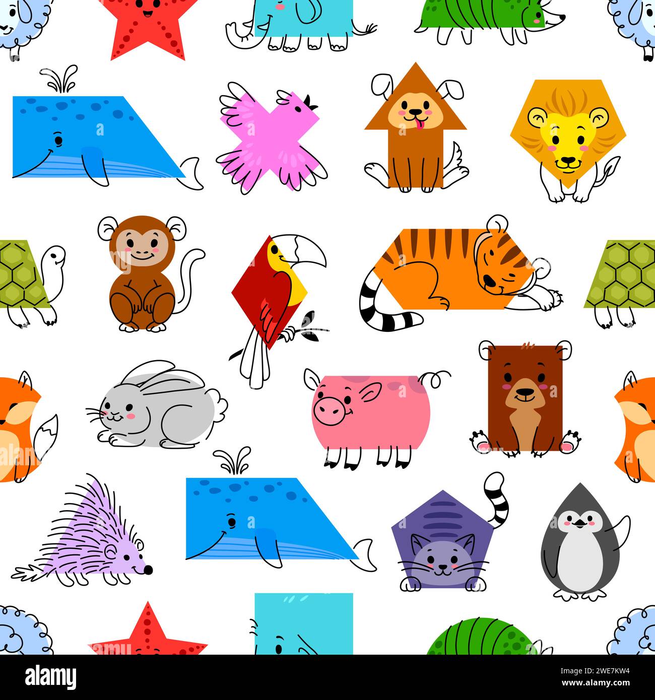 Cartoon animal characters in math shape seamless pattern, animal ...