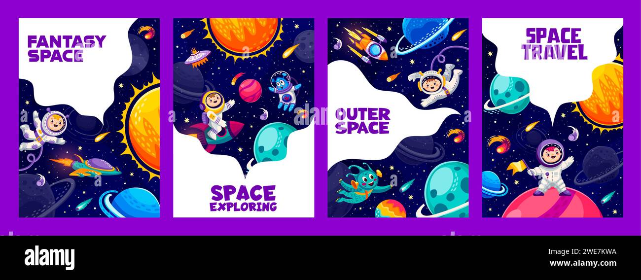 Cartoon space posters, vector cards with astronauts, ufo and aliens ...