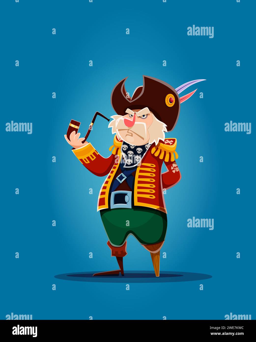 Cartoon pirate captain or corsair sailor one legged character with smoking pipe. Vector ...