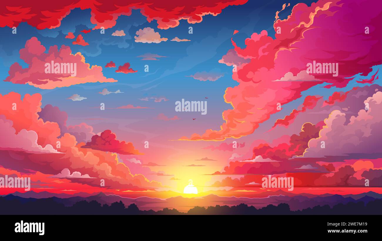 Red Sky Sunset Anime Background With Fluffy Clouds And Sun Cartoon