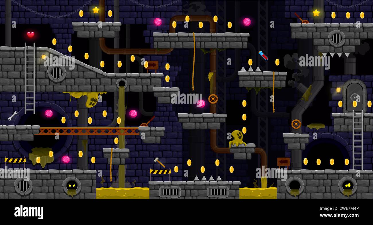 Dark arcade underground of sewage wastewater for game level map, vector ...