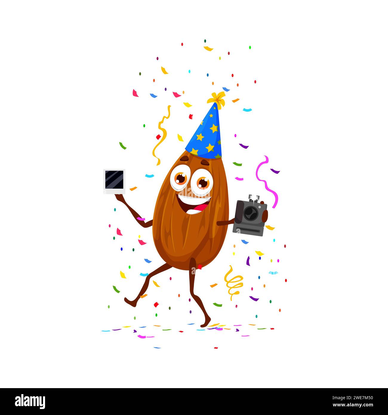 Cartoon almond nut character on birthday holiday. Children holiday ...
