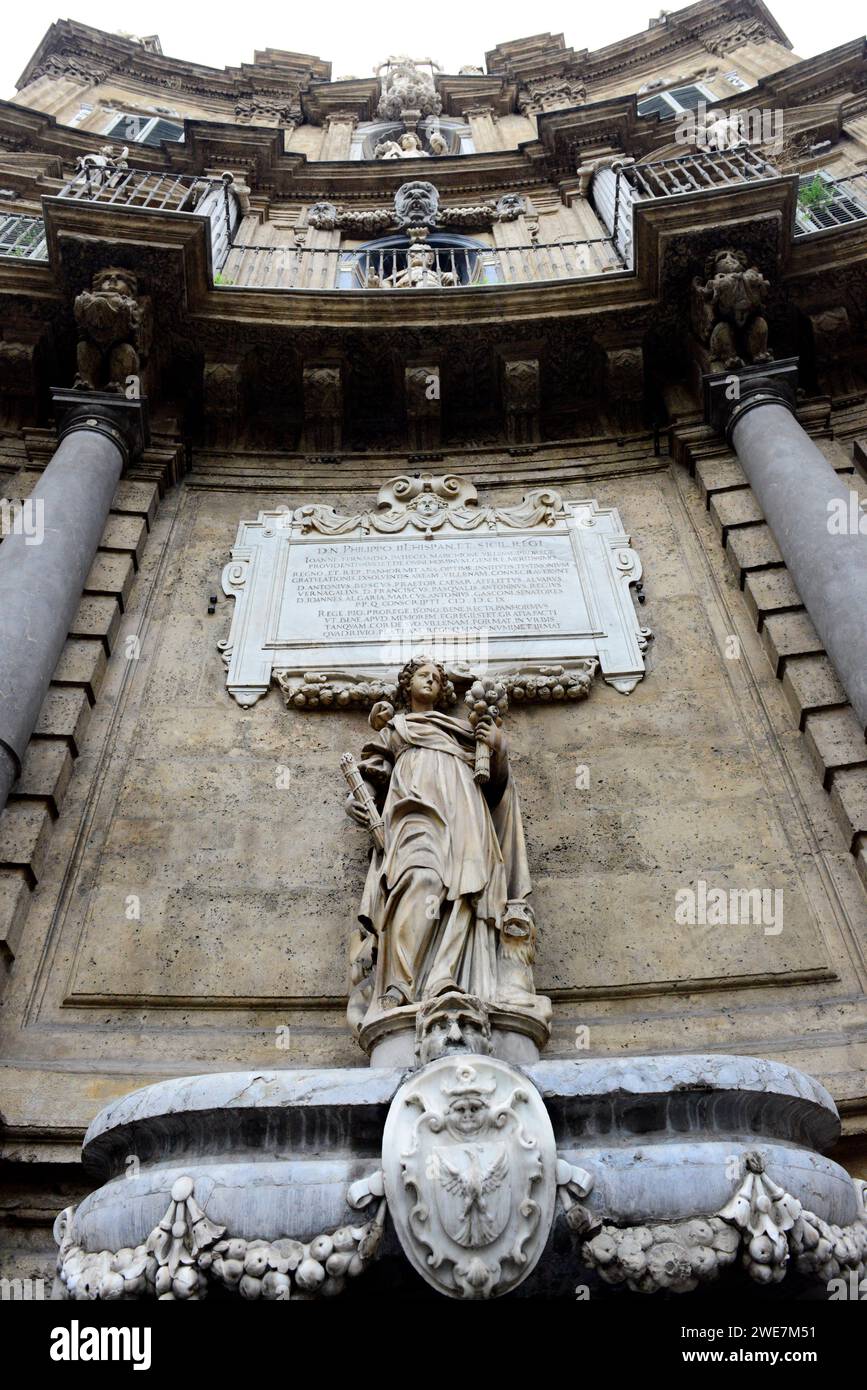 Sculptures and reliefs decorating the buildings in the Quattro Canti ...