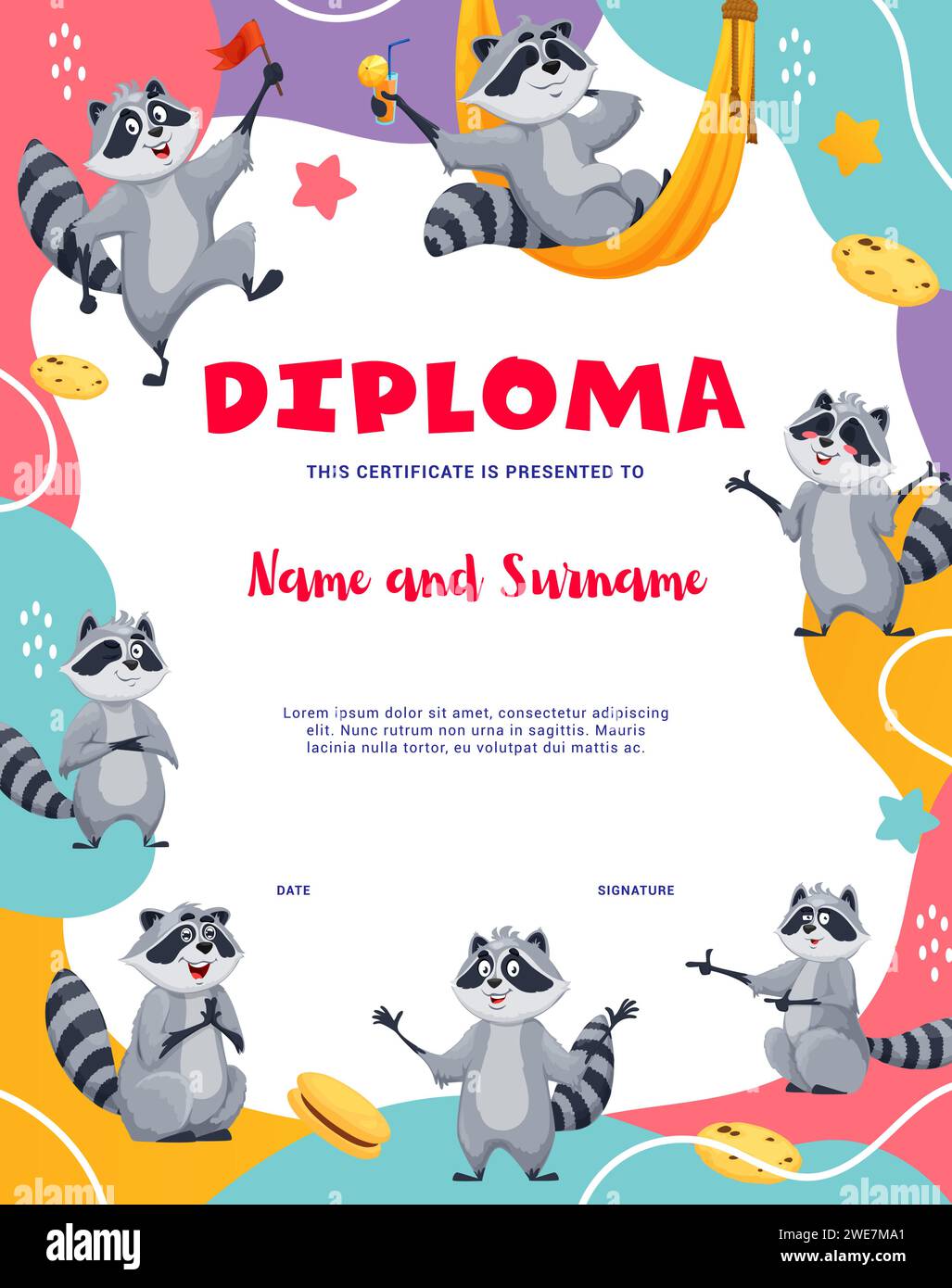 Kids diploma cartoon funny raccoon characters. Educational school or ...