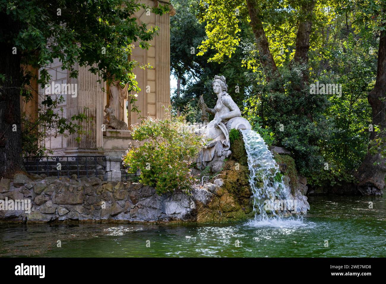 Temple of Aesculapius, Villa Borghese Lake. Water fountain statue detail. Rome, Italy Stock ...