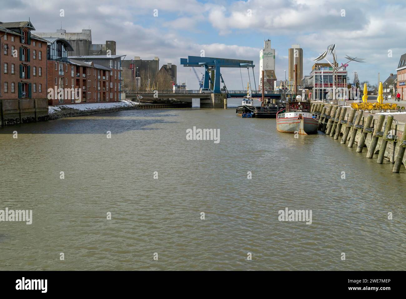 Inland harbour with railway lift bridge of Husum, North Frisia ...