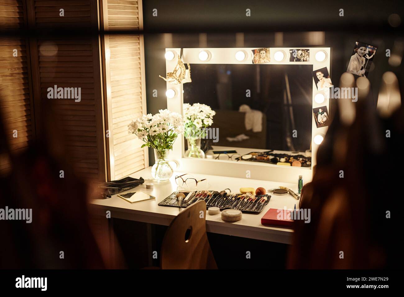 Background image of makeup vanity table with lights at backstage in ...
