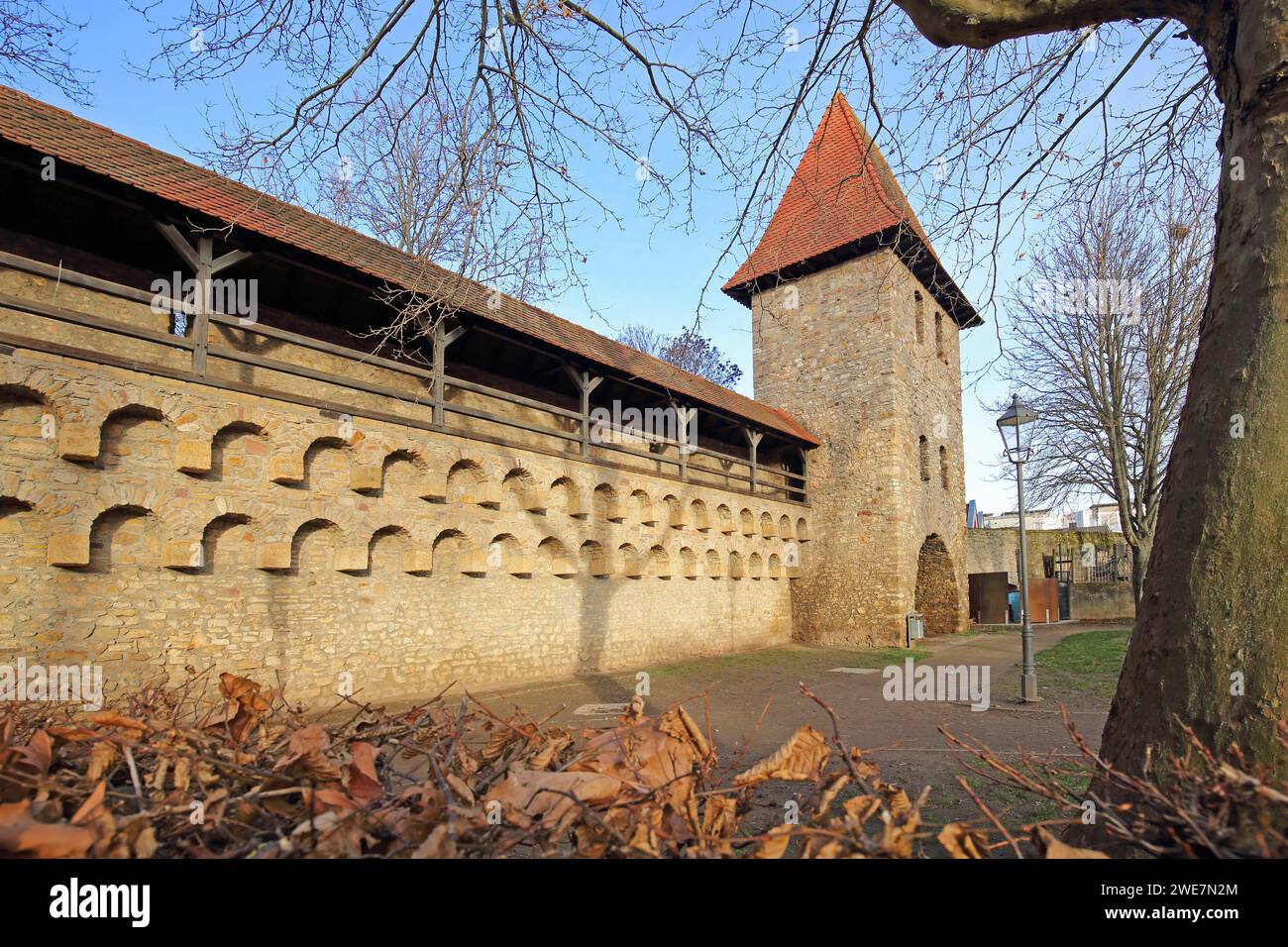 Historic town fortifications with dovecote tower, town wall with ...