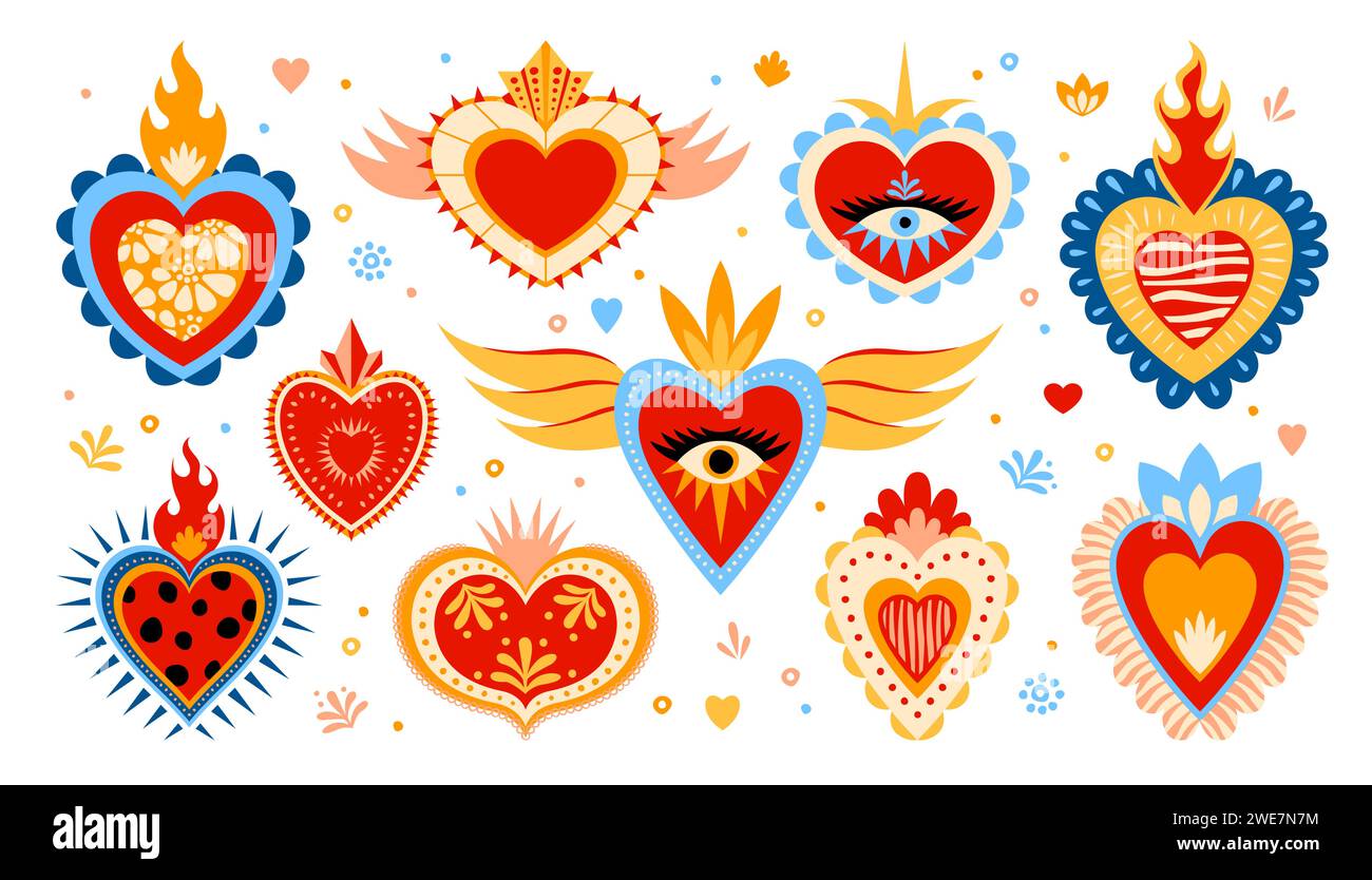 Mexican sacred hearts, vibrant and whimsical cartoon vector set ...