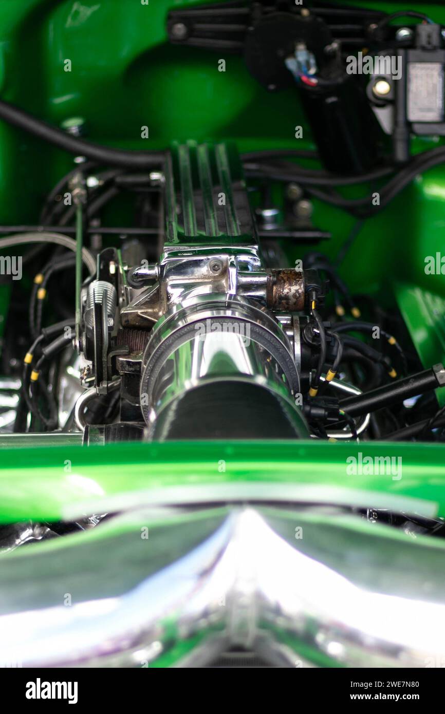 Restored vintage green classic car engine motor Stock Photo - Alamy