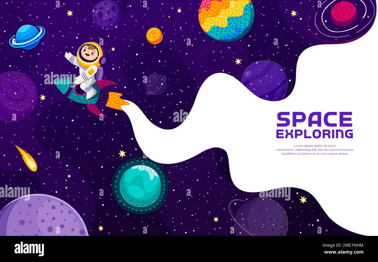 Cartoon kid astronaut on rocket in galaxy space with planets in starry ...