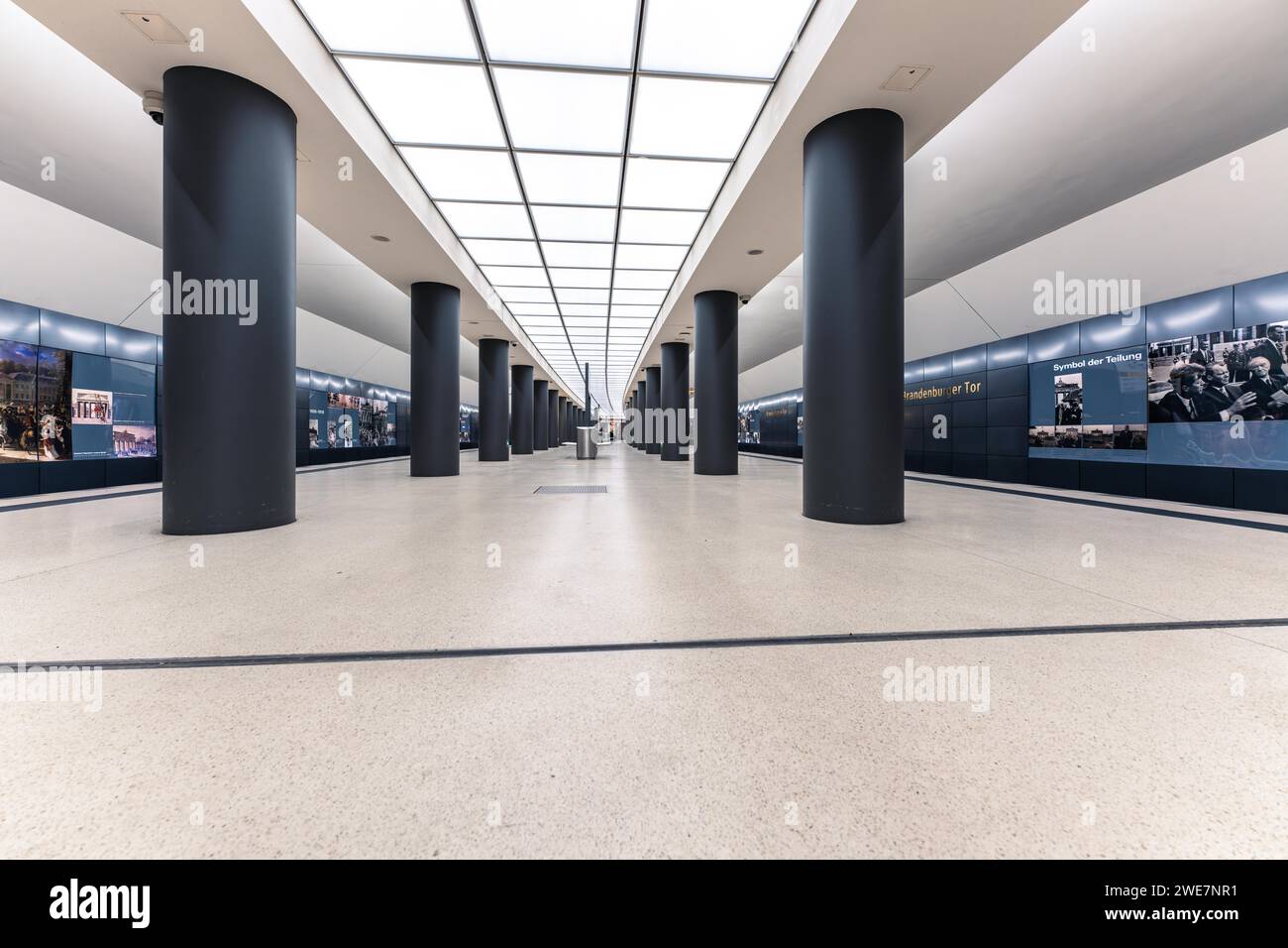 Modern and bright interior design of a building with a long corridor ...