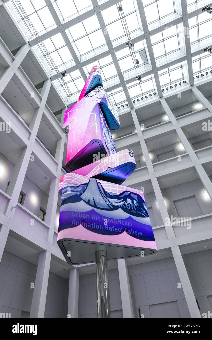 Futuristic multimedia display in an indoor exhibition of modern art ...