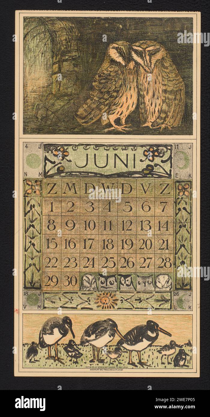 Calendar magazine for June 1913 with two barn owls, Theo van Hoytema ...