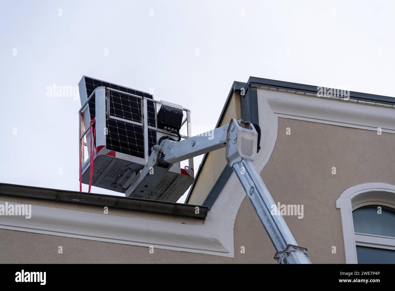Aerial work platform with solar panels, Magdeburg, Saxony-Anhalt ...