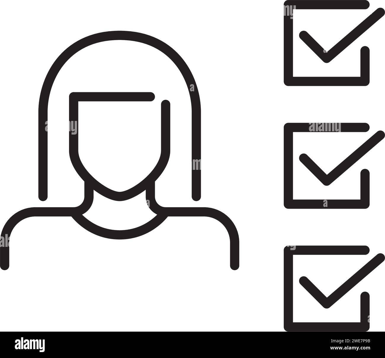 User profile with check marks. Job candidate meeting all requirements. Woman with long hair ...