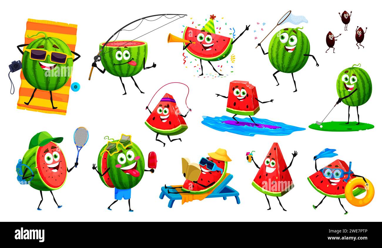 Cartoon watermelon characters on summer vacation, vector fruit food ...