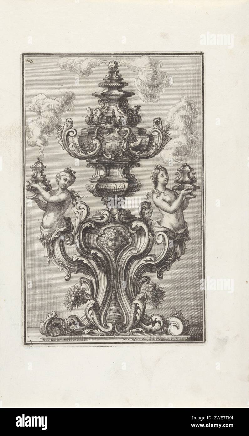 Incense burner with two women ending in ornament, 1714 print print ...