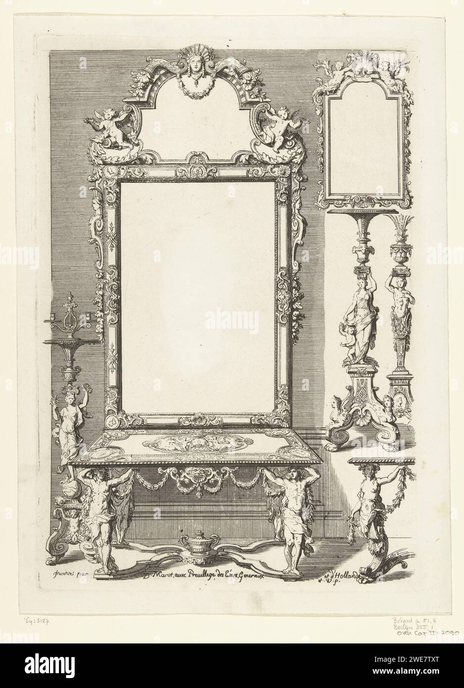 Table with large mirror, Daniël Marot (I), 1712 print To the left of ...