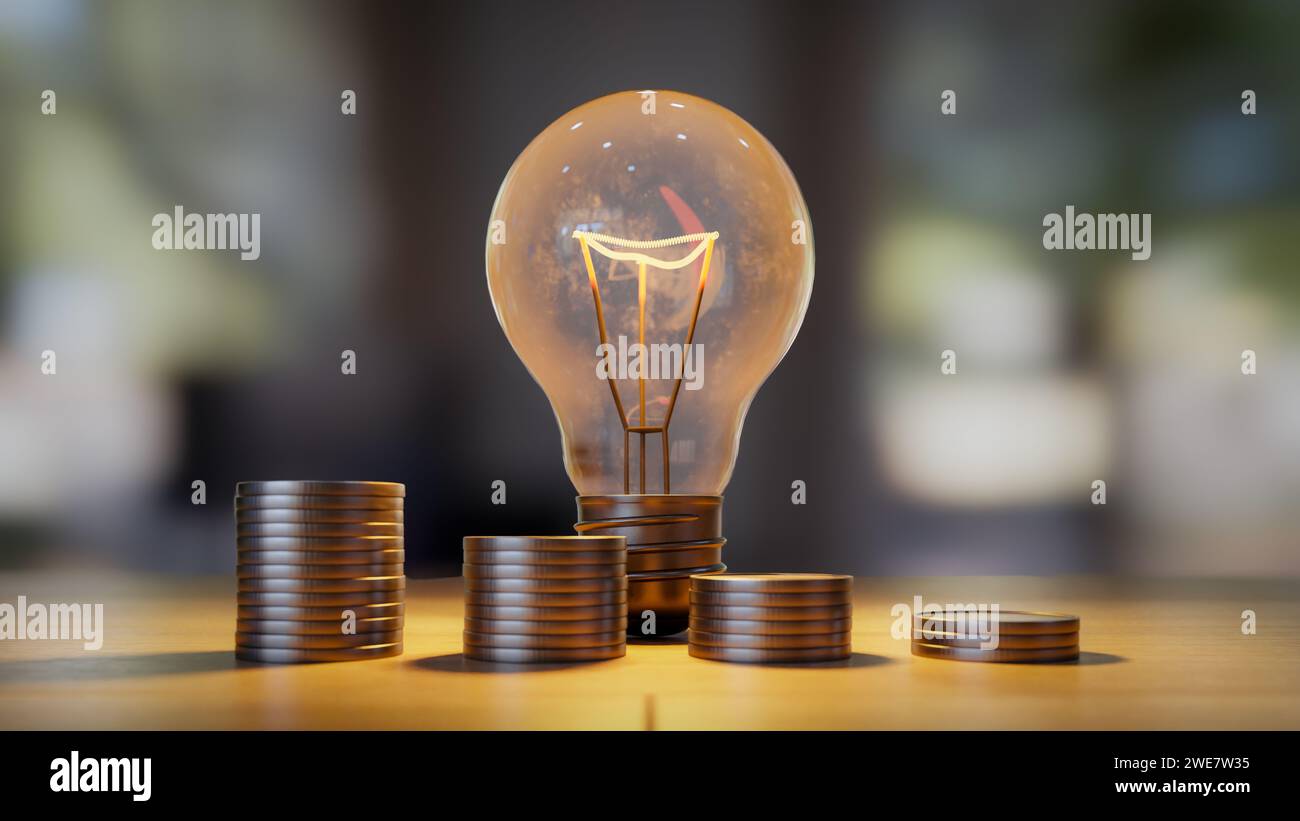 Coins are placed in front of a lit light bulb, indicating that ...