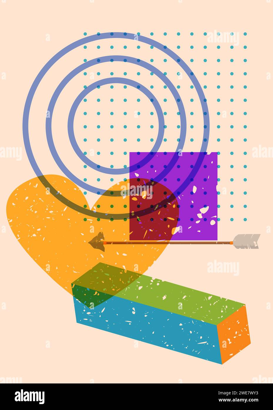 Risograph Heart and Arrow with geometric shapes. Love Symbol in trendy ...