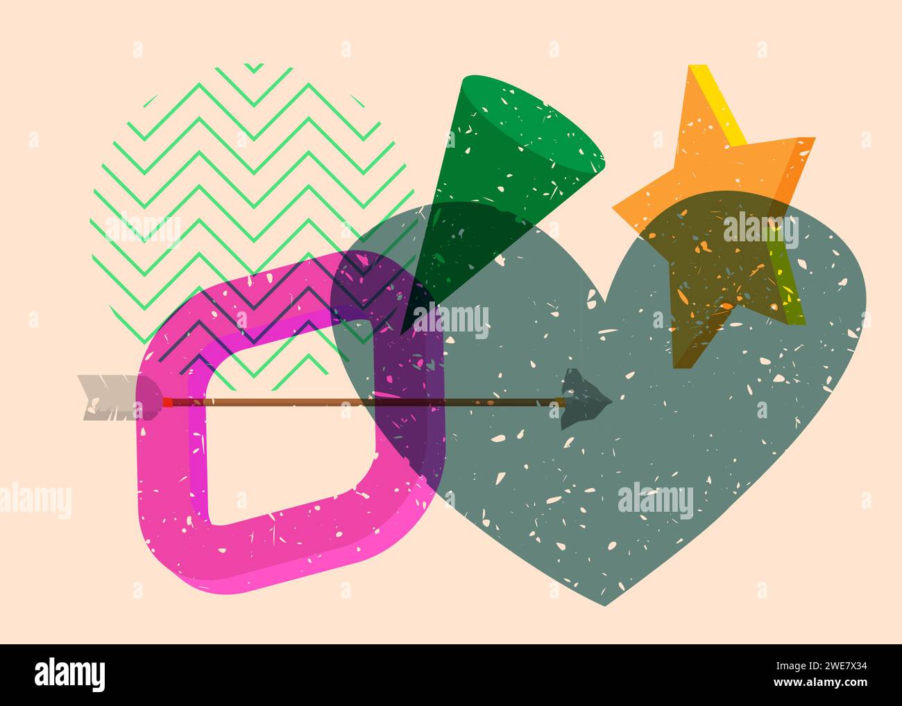 Risograph Heart and Arrow with geometric shapes. Love Symbol in trendy ...