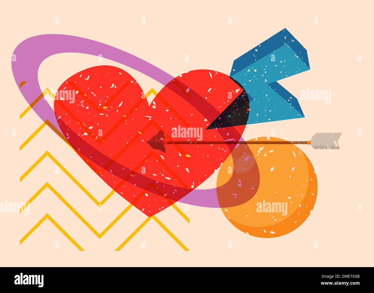 Risograph Heart and Arrow with geometric shapes. Love Symbol in trendy ...